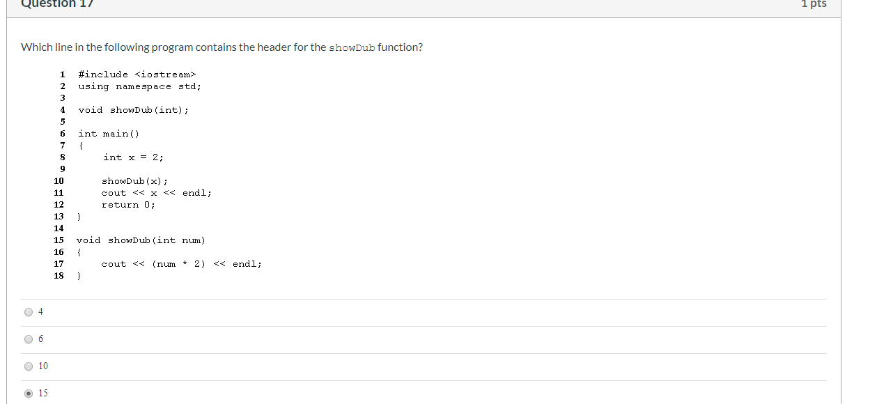 Solved Questloh 17 1 pts Which line in the following program | Chegg.com