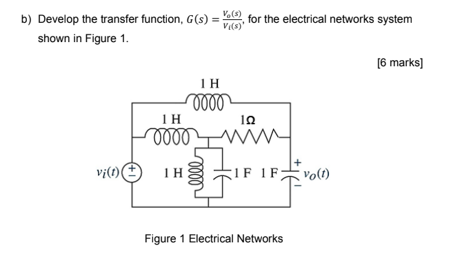 Solved b) Develop the transfer function, G(s)=Vi(s)Vo(s), | Chegg.com