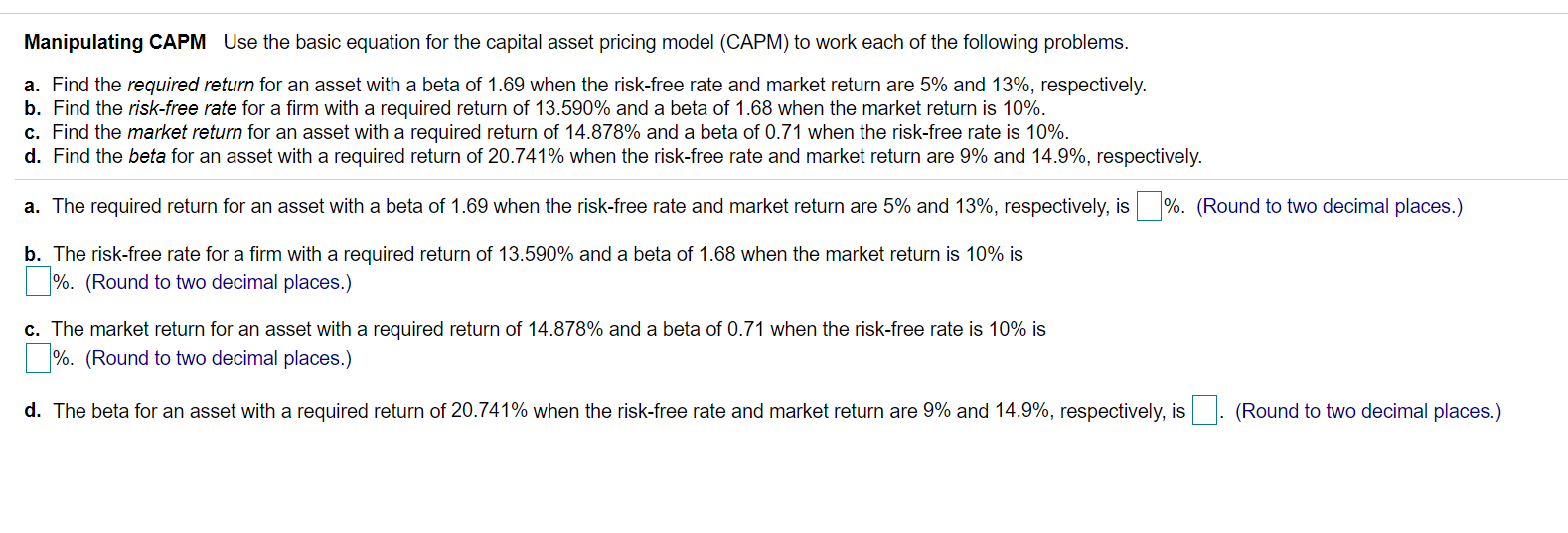 Solved Manipulating CAPM Use the basic equation for the | Chegg.com