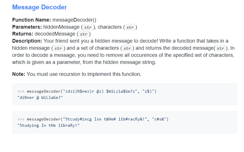 Solved Message Decoder Function Name: messageDecoder() | Chegg.com