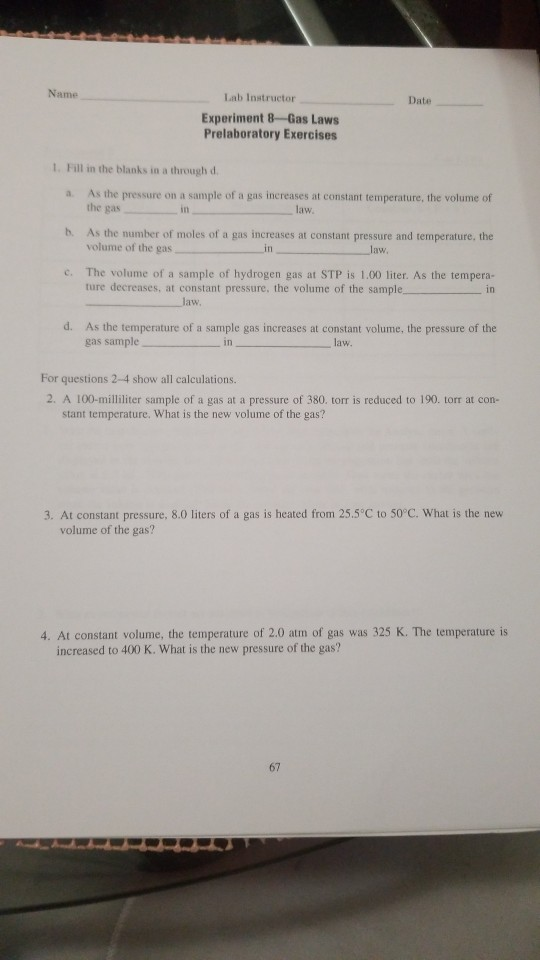 Solved Name Date Lab Instructor Experiment 8-Gas Laws | Chegg.com