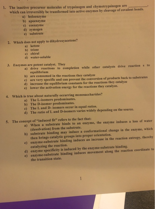 Solved I. The inactive precursor molecules of trypsinogen | Chegg.com