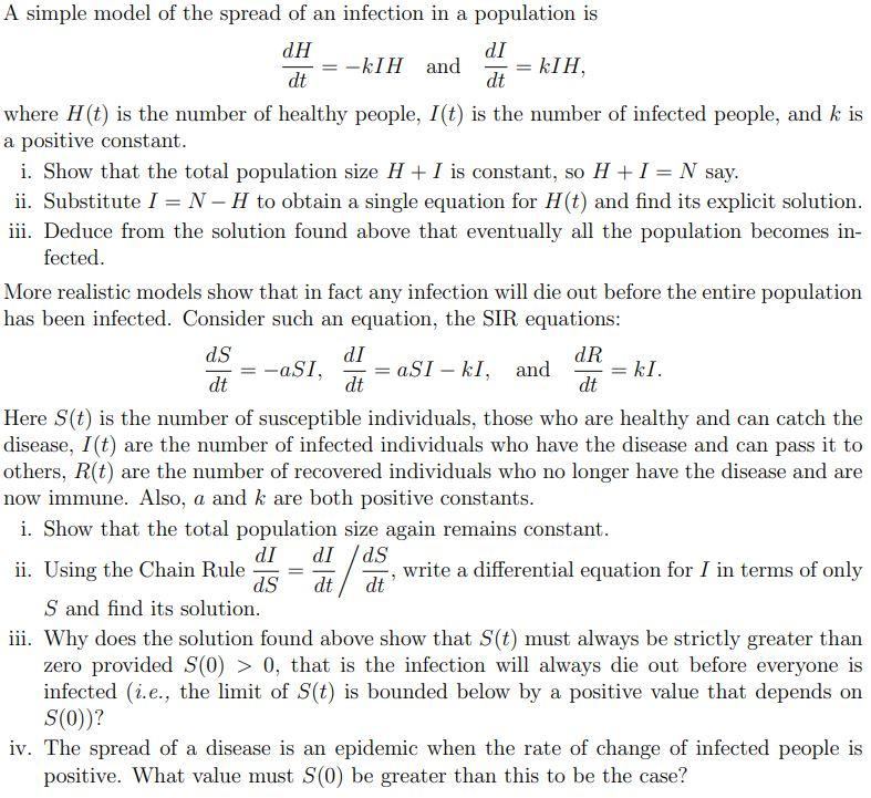 Solved A simple model of the spread of an infection in a | Chegg.com