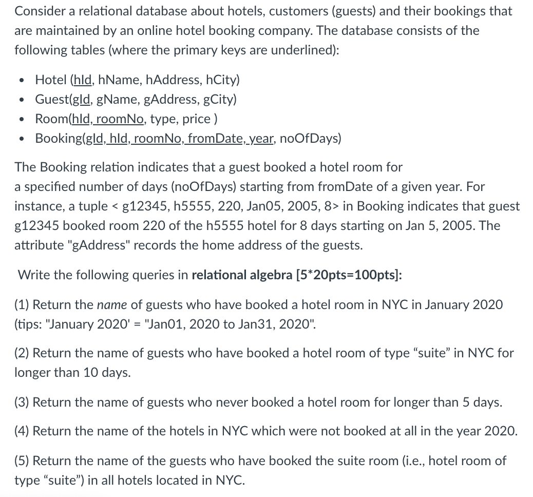 Solved Consider a relational database about hotels, | Chegg.com