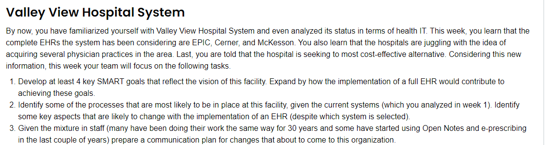 Solved Valley View Hospital System By now, you have | Chegg.com