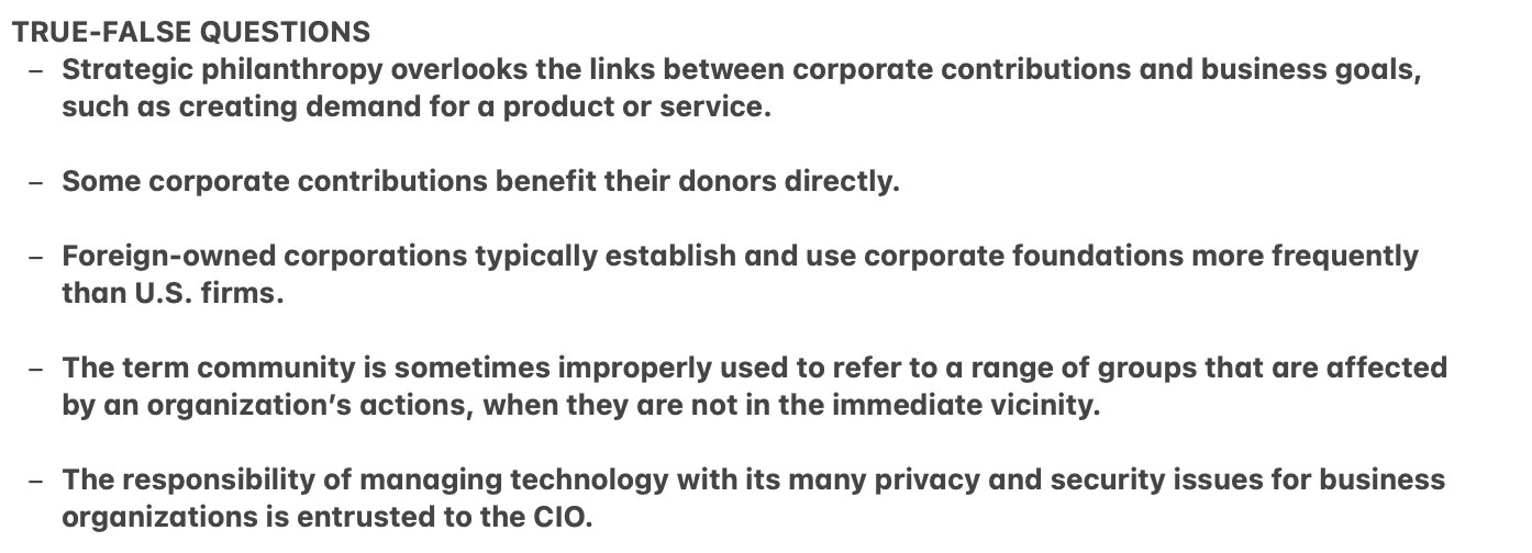 Solved TRUE-FALSE QUESTIONS- ﻿Strategic philanthropy | Chegg.com