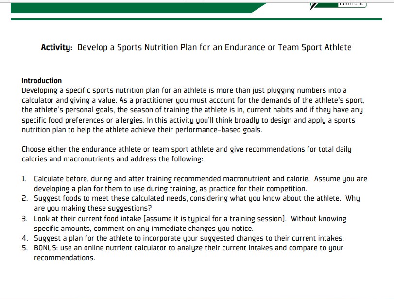 Solved Activity: Develop a Sports Nutrition Plan for an | Chegg.com
