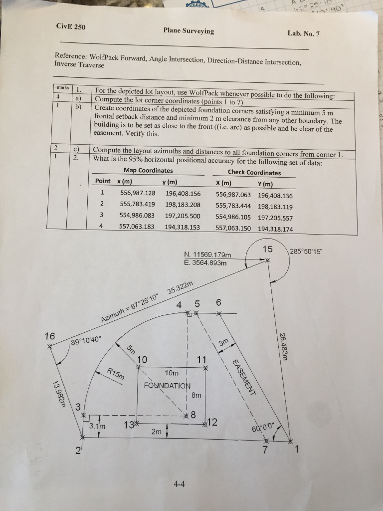 A 25 516 CivE 250 Plane Surveying Lab. No. 7 | Chegg.com