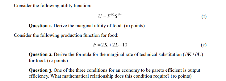 Solved Consider the following utility function: U=F12514 (1) | Chegg.com