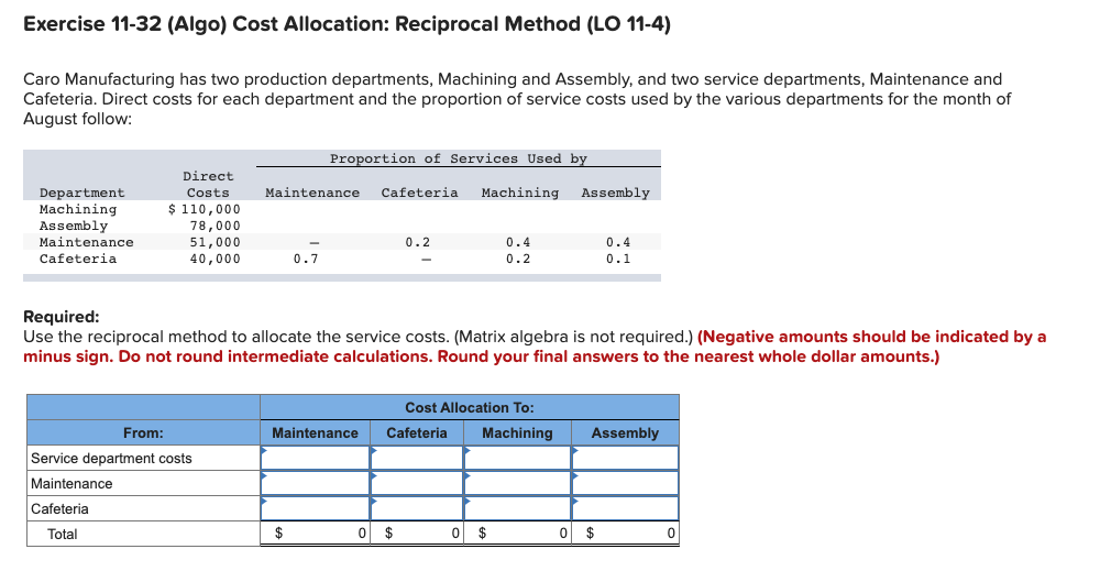 Solved Exercise 11-32 (Algo) Cost Allocation: Reciprocal | Chegg.com
