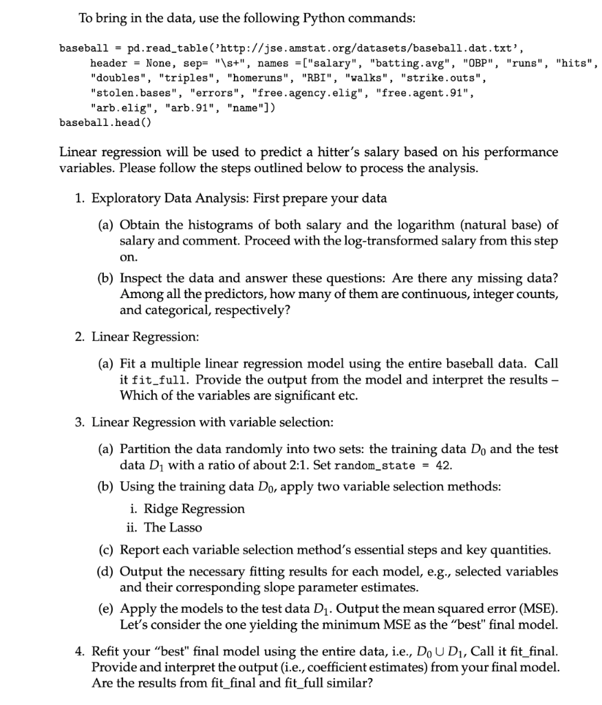 Solved In this homework, we consider the 1992 baseball | Chegg.com