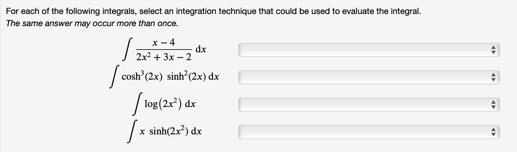 Solved For each of the following integrals, select an | Chegg.com