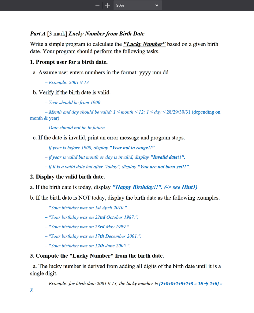 Solved Part A [3 mark] Lucky Number from Birth Date Write a | Chegg.com