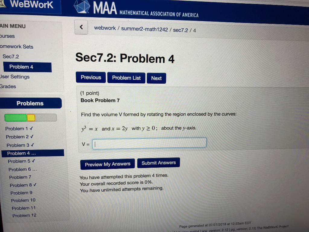 Solved WeBWorK MAA MATHEMATICAL ASSOCIATION OF AMERICA AIN | Chegg.com