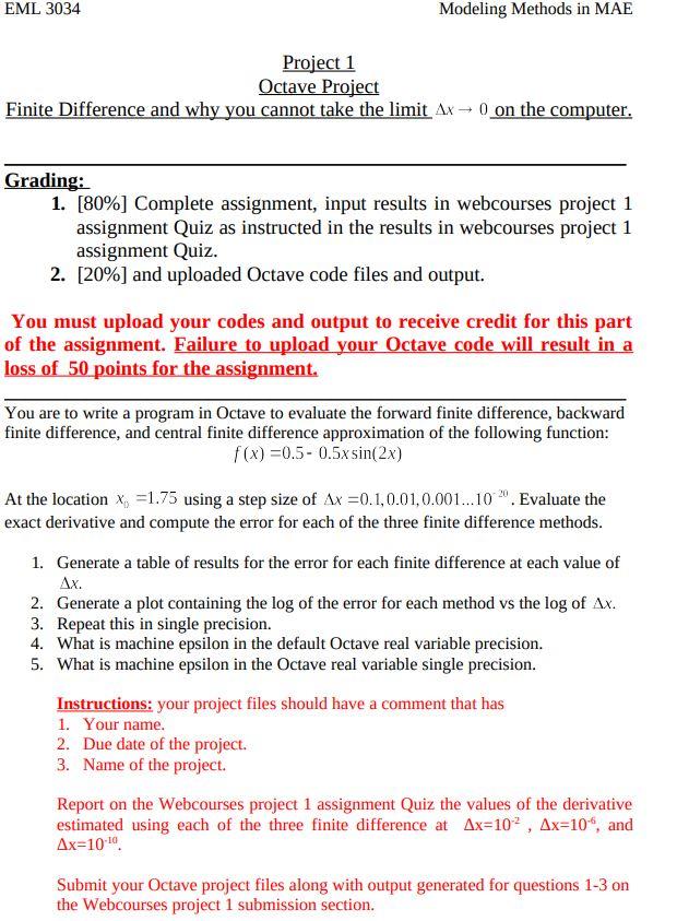 Solved EML 3034 Modeling Methods in MAE Project 1 Octave | Chegg.com