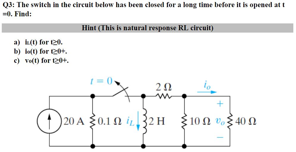 Solved Q3: The switch in the circuit below has been closed | Chegg.com
