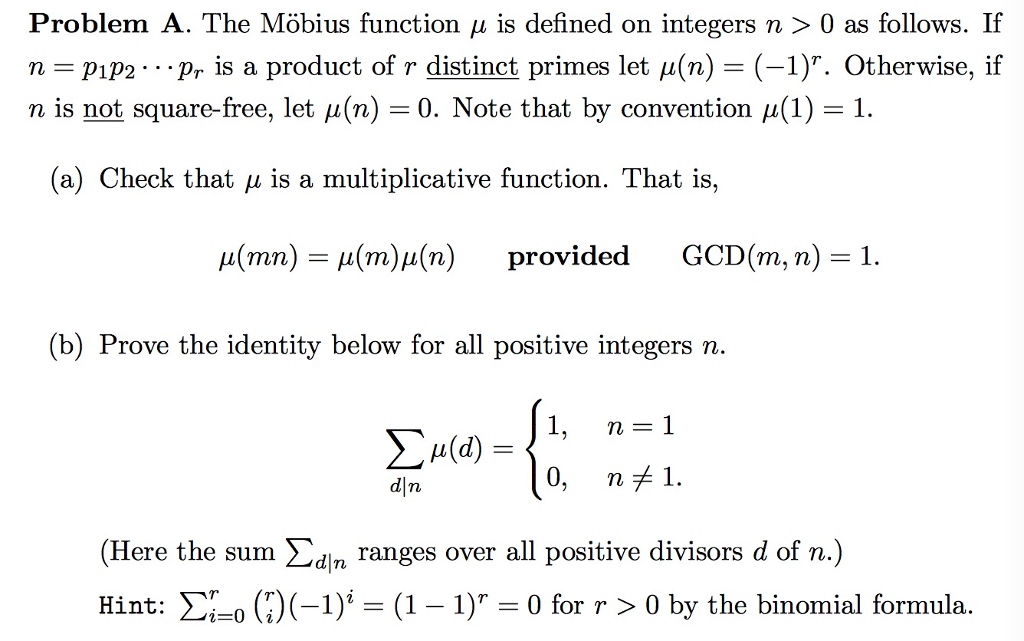 Solved Problem A. The Mobius function μ is defined on | Chegg.com