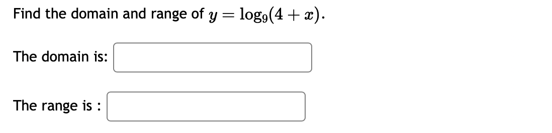 Solved Find the domain and range of y=log9(4+x).The domain | Chegg.com