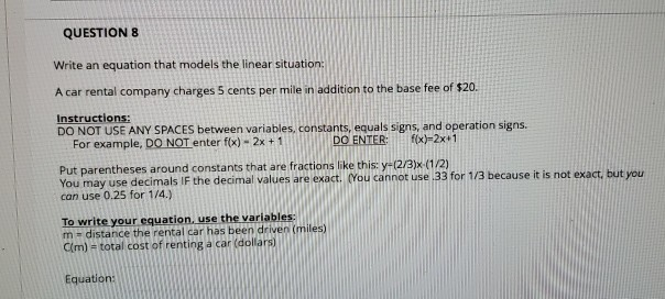 Solved QUESTION 8 Write an equation that models the linear | Chegg.com