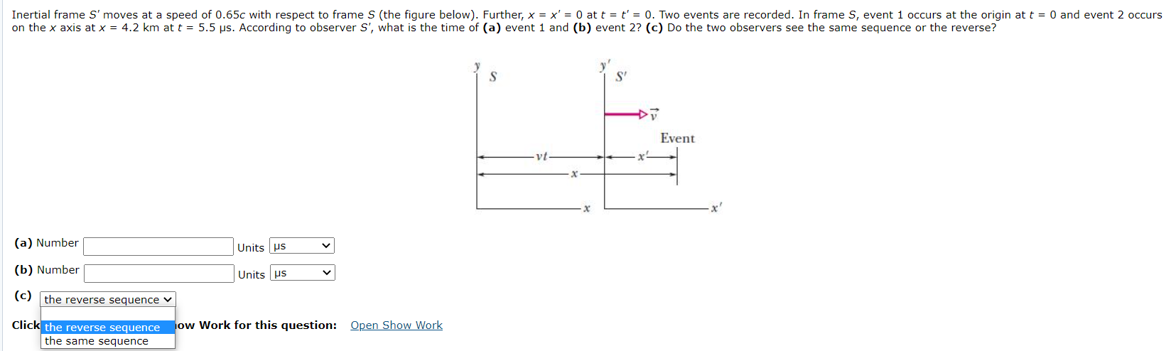 Solved Inertial frame S' moves at a speed of 0.65c with | Chegg.com