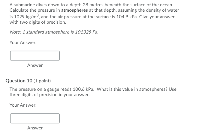 Solved A submarine dives down to a depth 28 metres beneath | Chegg.com