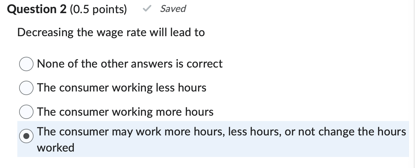 Solved Question 2 (0.5 points) Saved Decreasing the wage | Chegg.com
