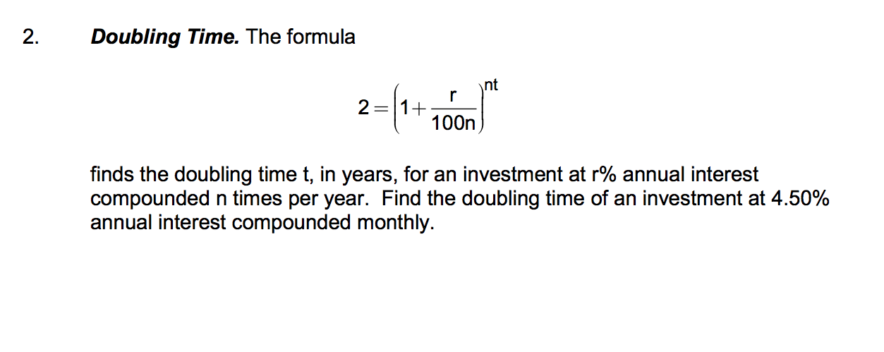 Solved 2. Doubling Time. The formula nt 2= + r 100n finds | Chegg.com