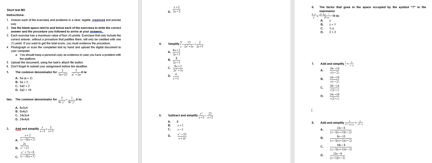 Solved Short test M3 Instructions: 1. Answer each of the | Chegg.com