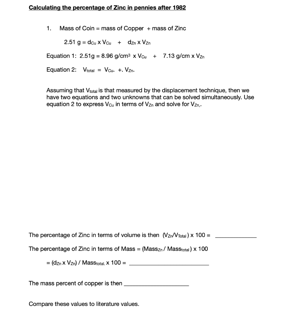 Solved Calculating the percentage of Zinc in pennies after | Chegg.com