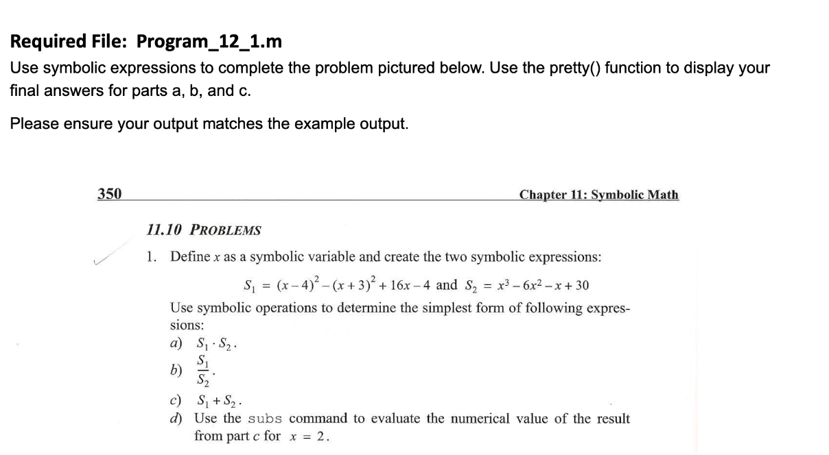 Solved Required File: Program_12_1.m Use symbolic | Chegg.com