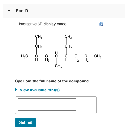 Solved Part A Interactive 3D display mode i CH . HC- -C-CH3 | Chegg.com