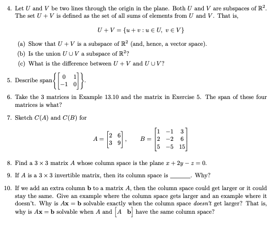 Solved 4. Let U and V be two lines through the origin in the | Chegg.com