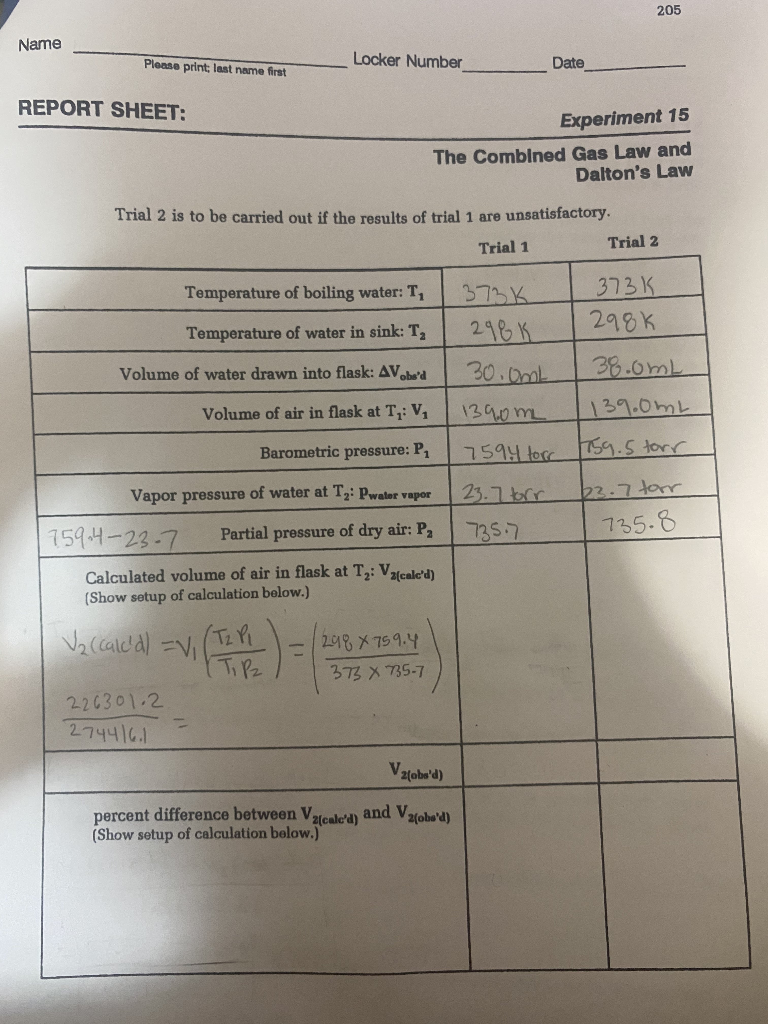 205 Name Please print: last name first Locker Number | Chegg.com