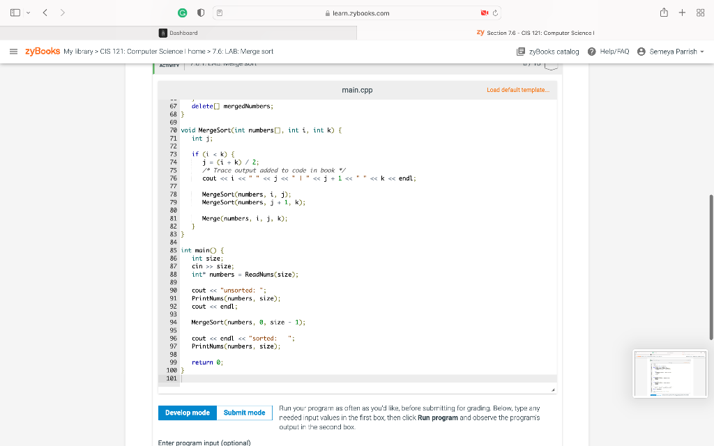 Solved 7.6 LAB: Merge sort The program is the same as shown | Chegg.com