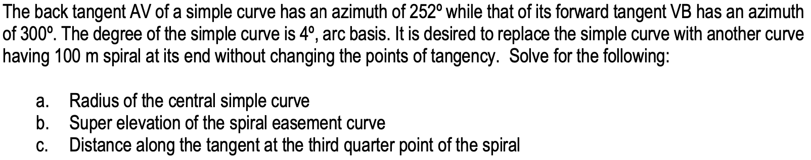 The back tangent AV of a simple curve has an azimuth | Chegg.com