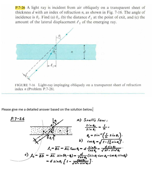 Solved P.7-26 A light ray is incident from air obliquely on | Chegg.com