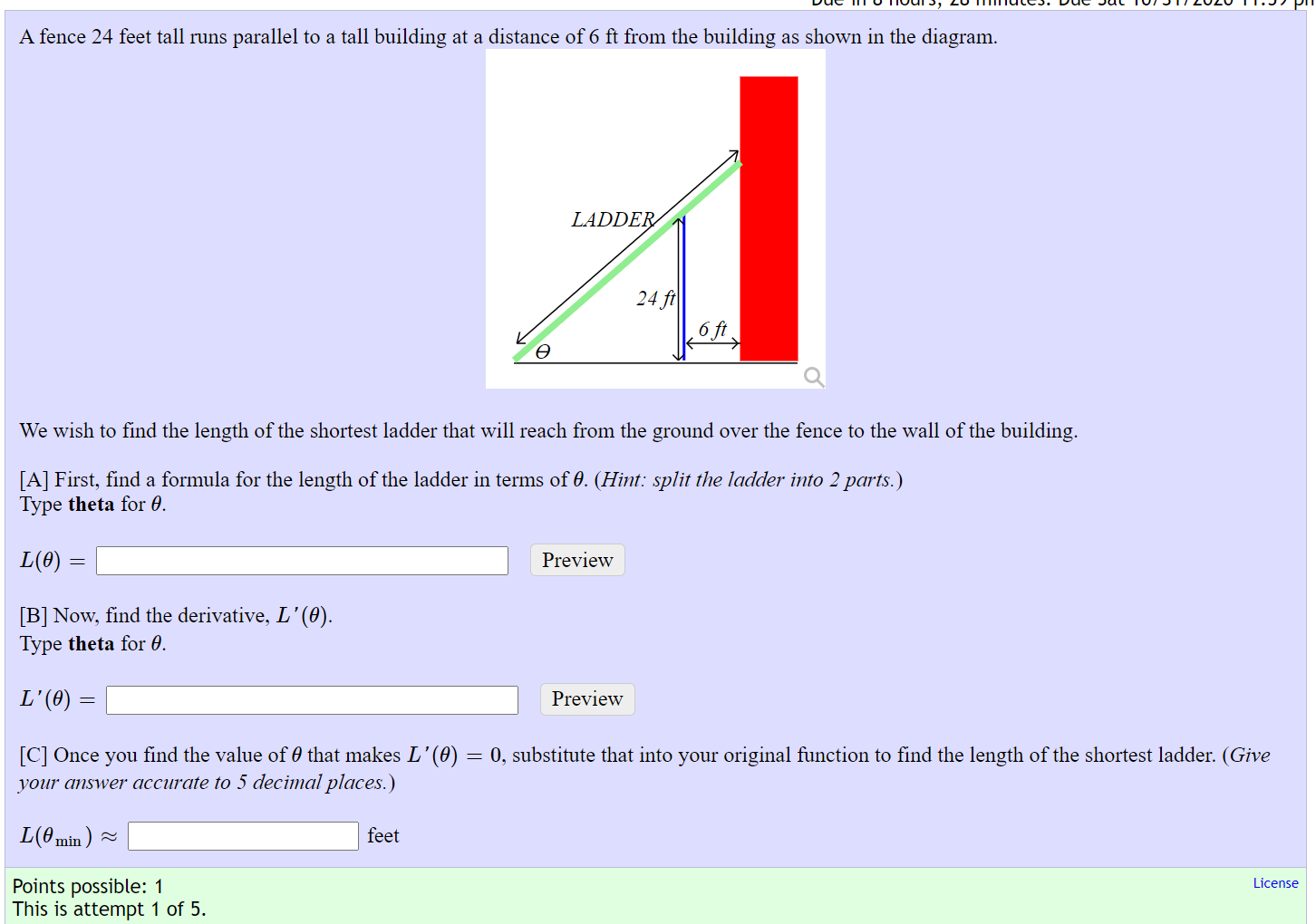 Solved A fence 24 feet tall runs parallel to a tall building | Chegg.com