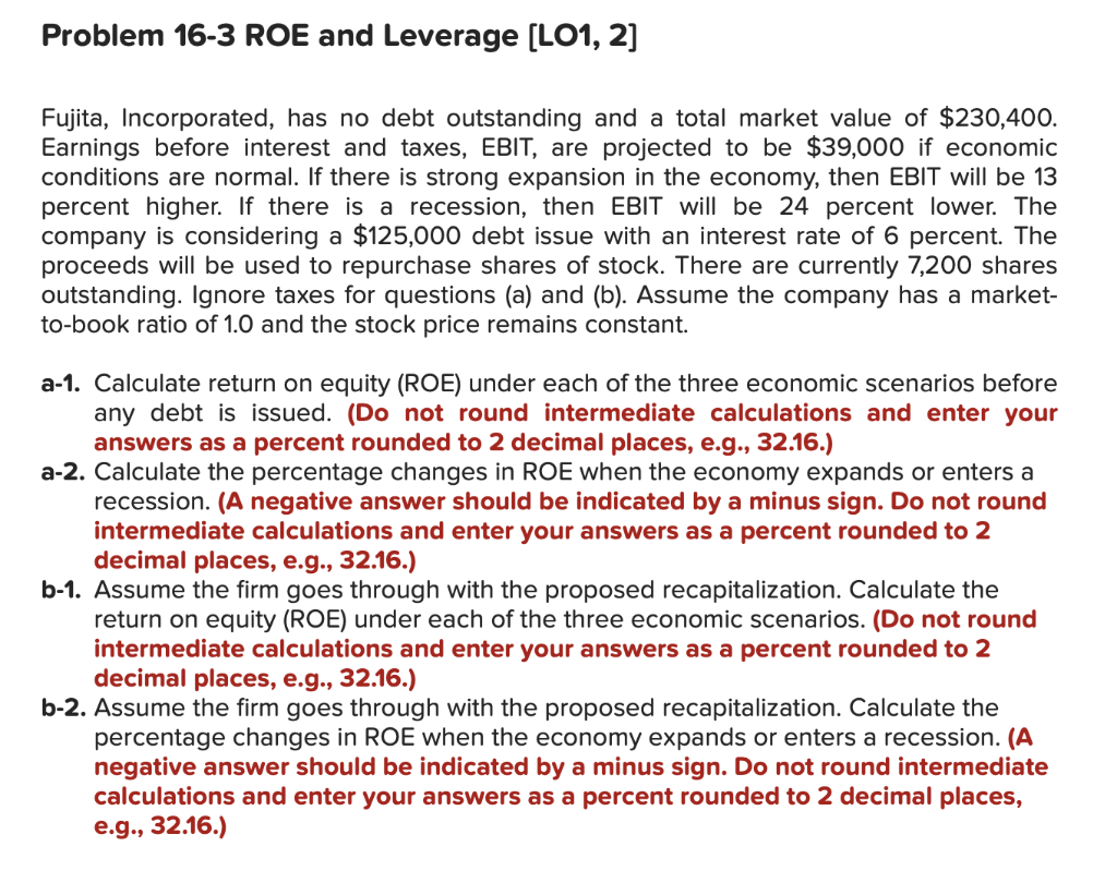 Solved Problem 16-3 ROE and Leverage (LO1, 2] Fujita, | Chegg.com
