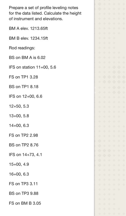 Solved Prepare a set of profile leveling notes for the data | Chegg.com