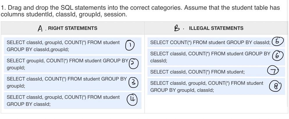 Solved 1. Drag and drop the SQL statements into the correct | Chegg.com