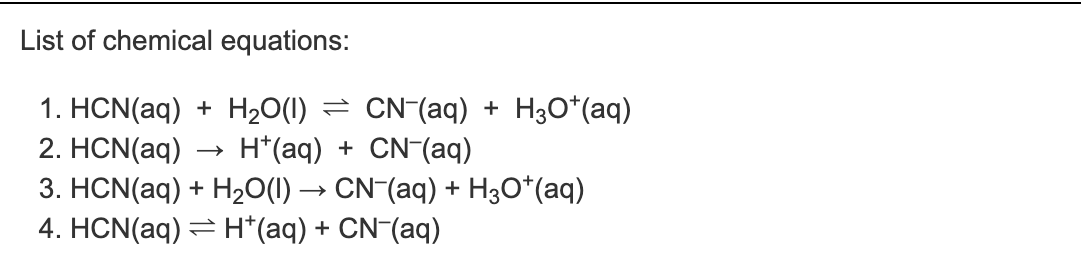 Solved List of chemical equations: 1. HCN(aq) + H2O(l) = | Chegg.com