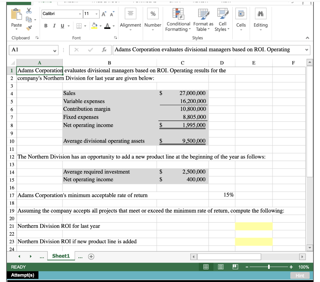 Solved X Calibri 11 A A % Paste B I U Cells Editing | Chegg.com