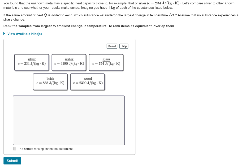 Solved You found that the unknown metal has a specific heat | Chegg.com