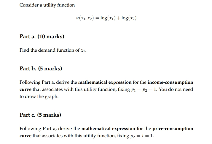 Solved Consider a utility function u(x1,x2) = log(x1) + | Chegg.com