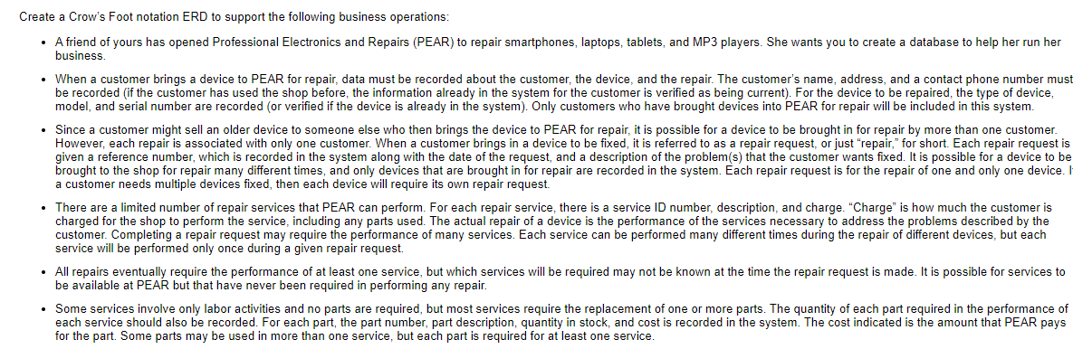Solved Create a Crow's Foot notation ERD to support the | Chegg.com