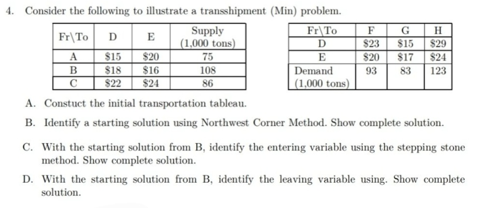Solved Consider the following to illustrate a transshipment | Chegg.com