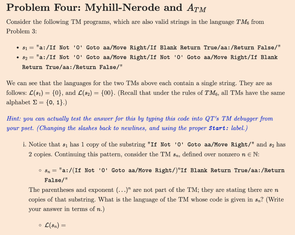 Solved Problem Four: Myhill-Nerode and ATM Consider the | Chegg.com