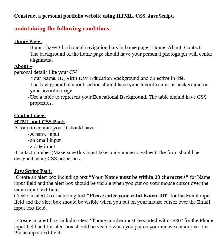 Solved Construct a personal portfolio website using HTML, | Chegg.com