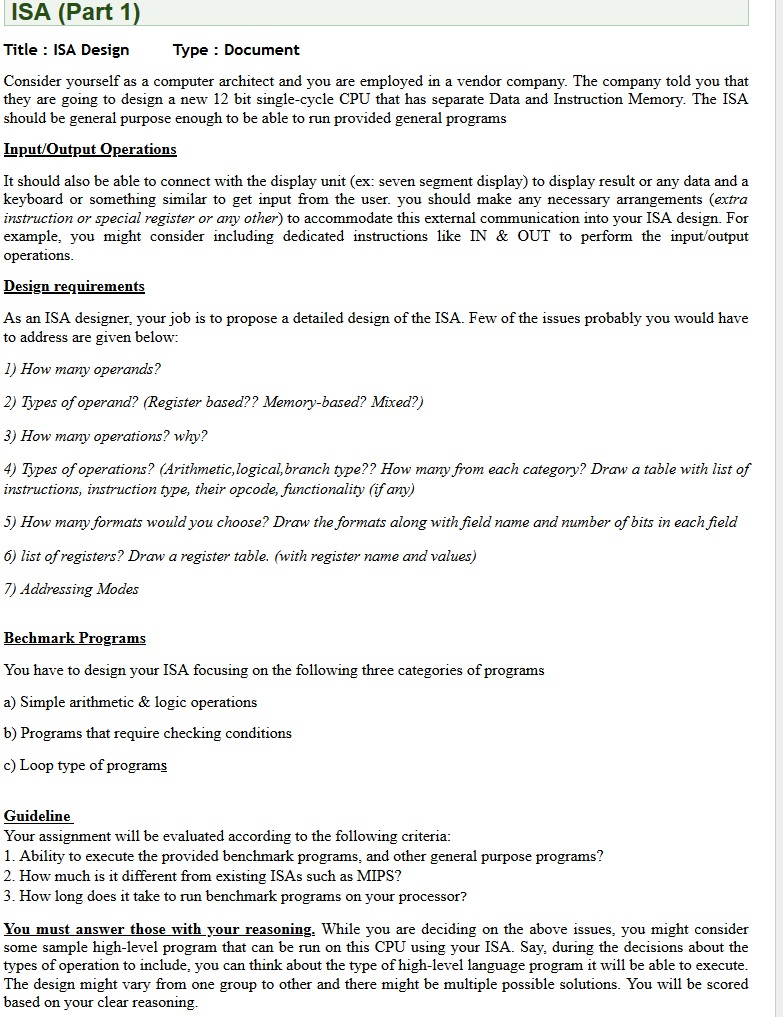 ISA (Part 1) Title : ISA Design Type : Document | Chegg.com