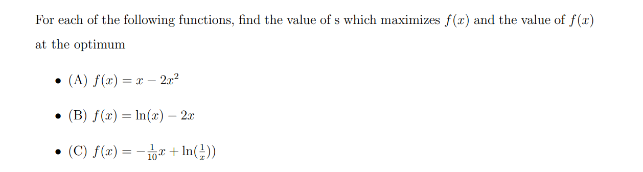 Solved For each of the following functions, find the value | Chegg.com